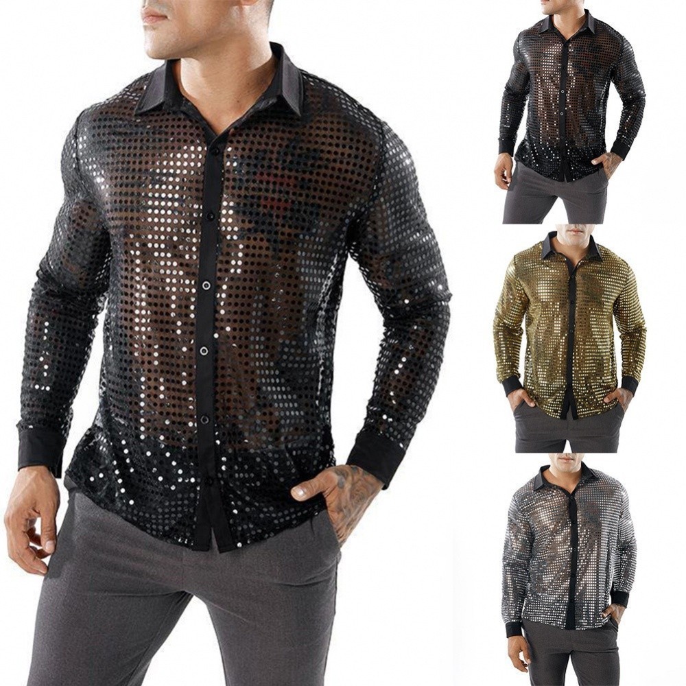 Mens Sparkly Sequins Party Dance Shirts Retro 70s Disco Nightclub Shirt ...