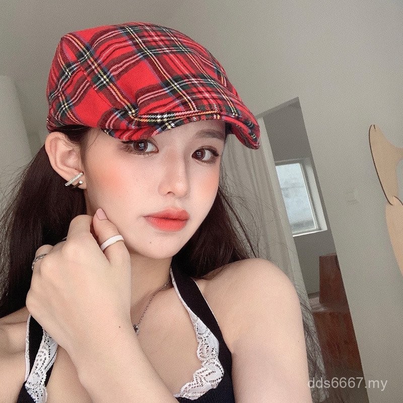 Red Plaid Hat Female Summer Beret 2025 New Style Peaked Cap Influencer ...