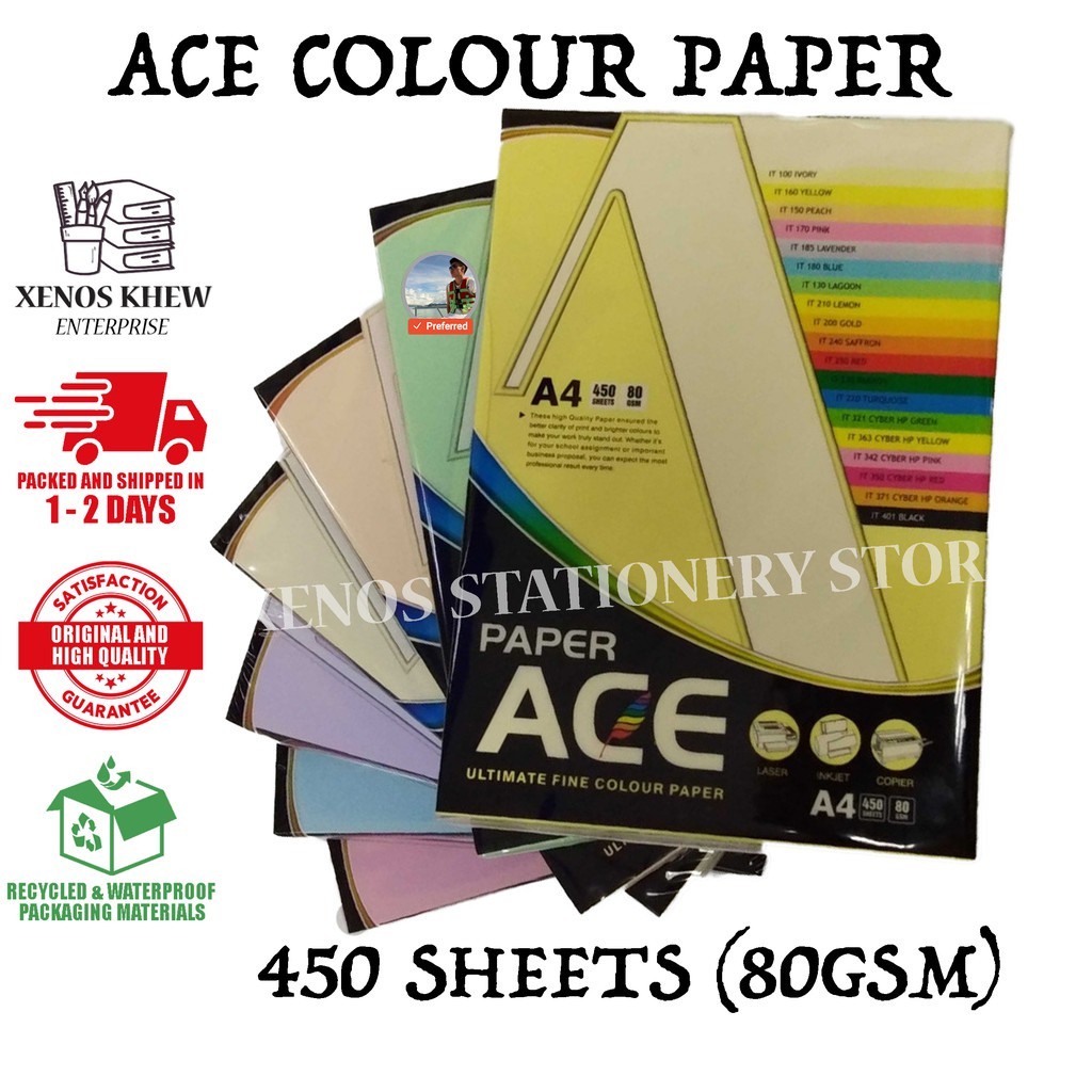 ACE A4 COLOUR PAPER 80GSM 450 SHEETS / A4 KERTAS WARNA 80GSM 450'S (READY STOCK / 100% ORIGINAL ...
