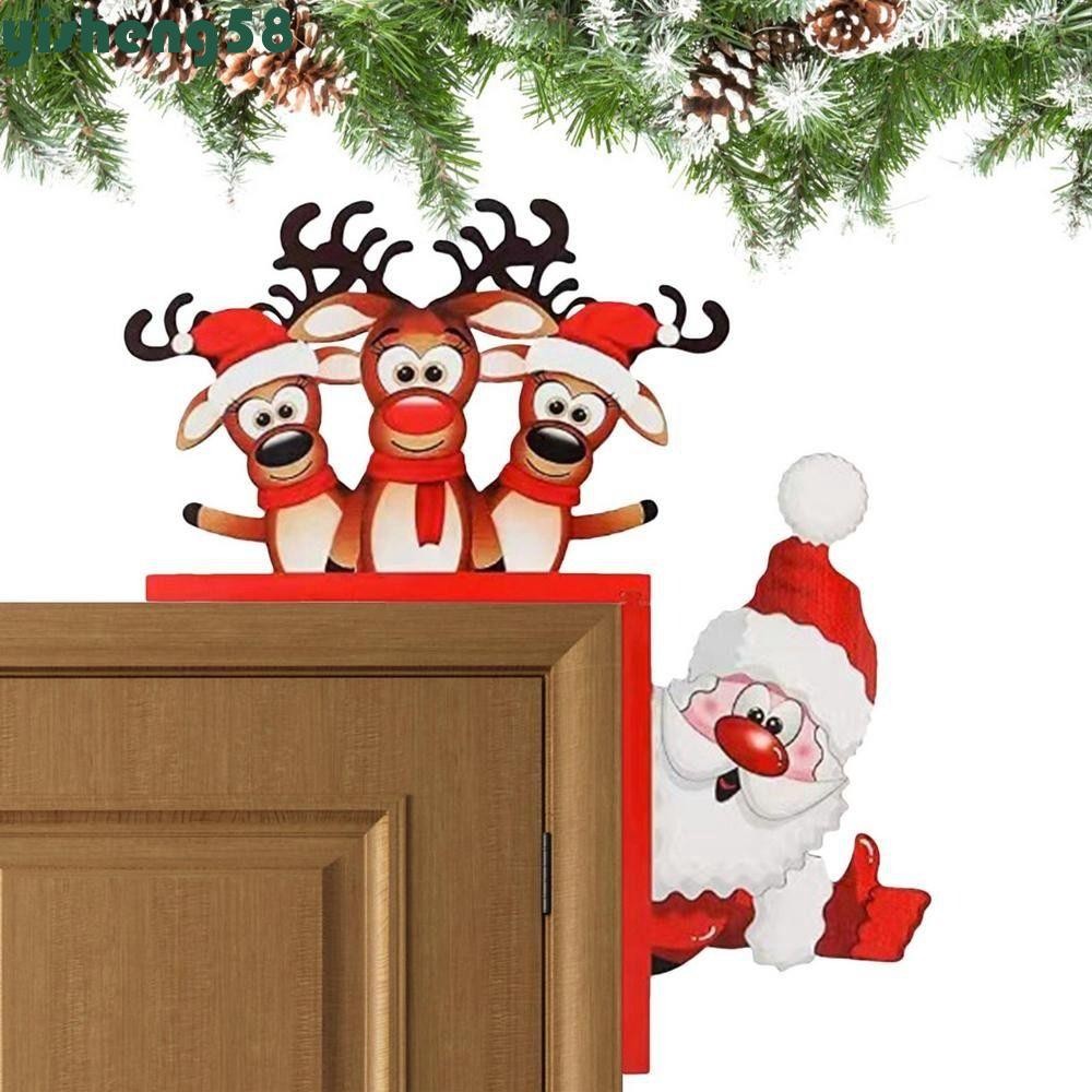 YISHENG Door Corner Santa Claus Elk Sign, Wooden Santa Christmas Door ...