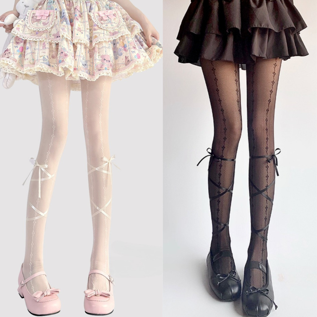 JK Lolita Tights Pantyhose Women Japanese Style Bandage Bowknot Thigh ...