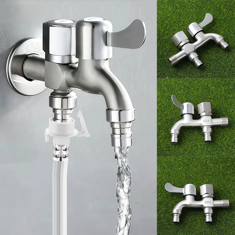 Stainless Steel Two way garden water tap double head Kitchen Bathroom ...