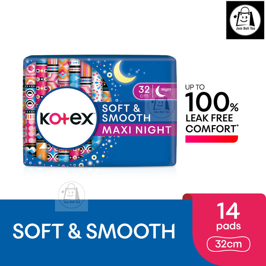 KOTEX Soft & Smooth Overnight Non Wing Pad 32cm (14s) - Sanitary Pad with 100% Leak Free Comfort ...