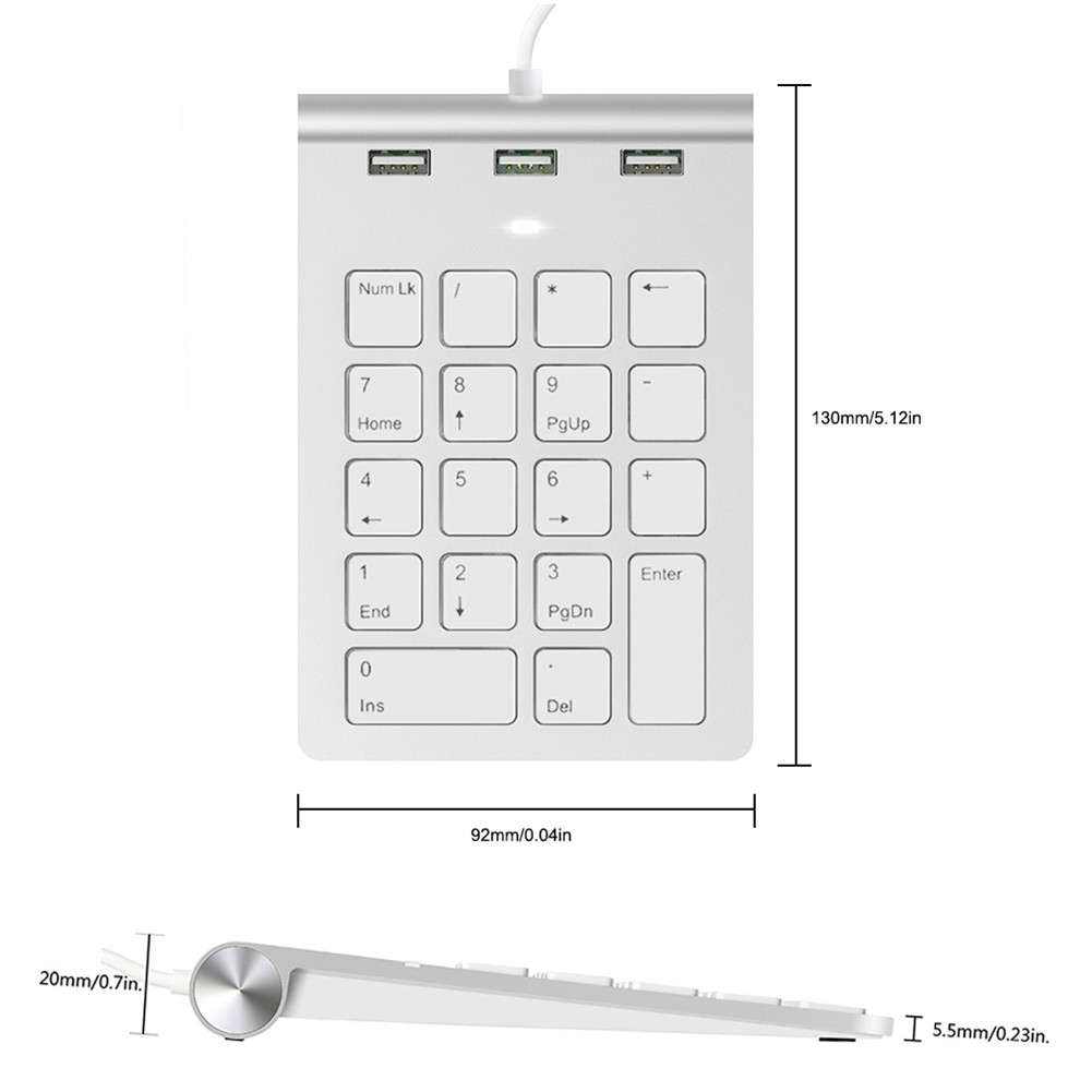 USB & Type C Wired Mini Numeric Keypad with 3 USB2.0 Port Hub 18 Keys ...