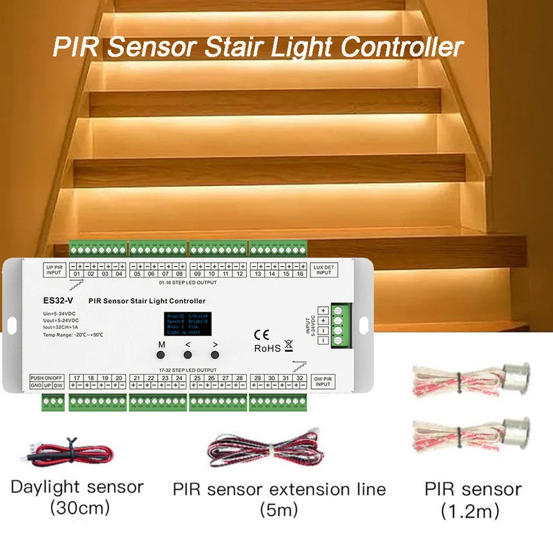 SKYDANCE PIR Sensor Stair Light Controller KIT ES32-V 6 Run Modes 32CH ...