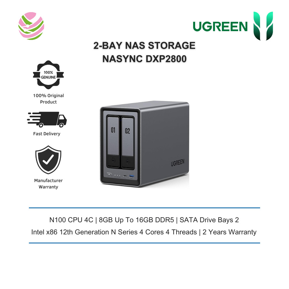 UGREEN NASync DXP2800 (N1004C/8GB DDR5/1*2.5GbE/ HDMI 4K/2-BAY) Storage ...