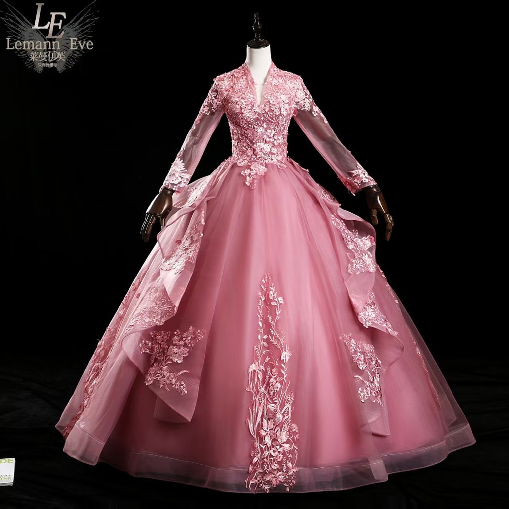 S~3XL Long Sleeve Lace Muslimah Navy Blue Puffy Fairy Tale Bride ...