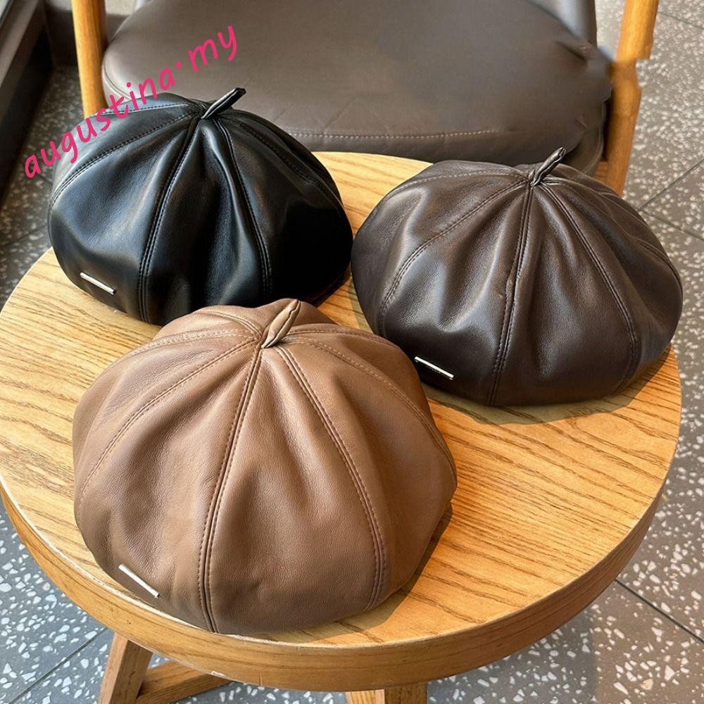 AUGUSTINA Octagonal Hat, Solid Color British Style PU Beret, Retro ...