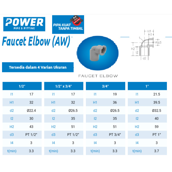 Elbow EL LNE KNEE DRAT FAUCET ELBOW THICK POWER PVC PIPE (AW) SIZE 1/2 ...