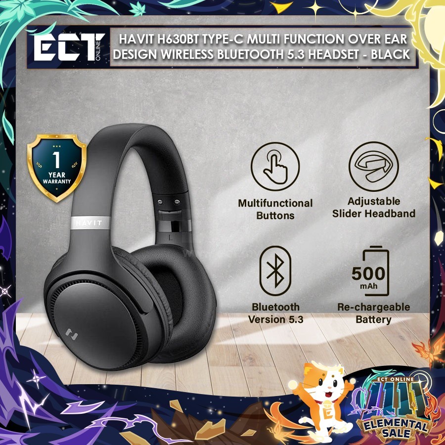 Havit H630BT Type-C Multi Function Over Ear Design Wireless Bluetooth 5.3 Headset - Black ...