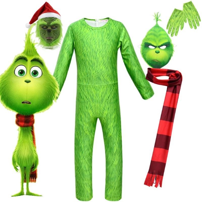 =Halloween Jumpsuit Grinch Cosplay Costume Grinch Mask Kids Christmas ...