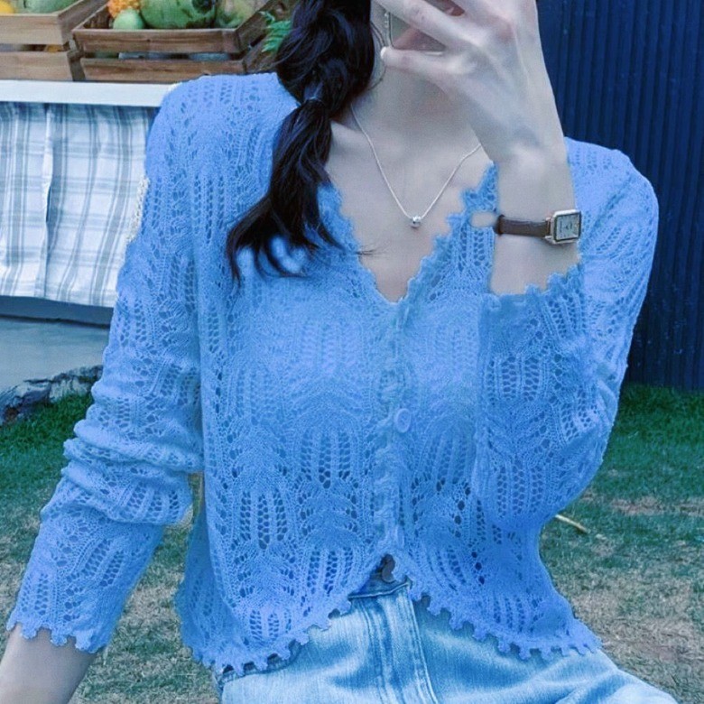 Knitted Thin Shawl Women's Long Sleeved Short Jacket Women's Hollowed ...