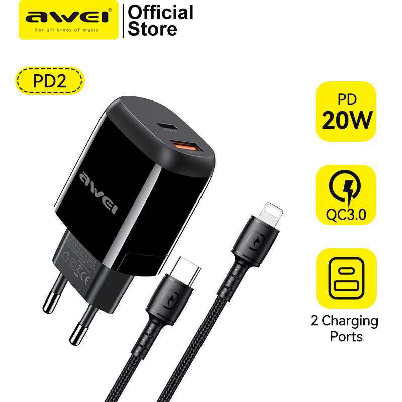 Awei 20W Dual Port Fast Charger EU Plug With Type C And USB A Supports ...