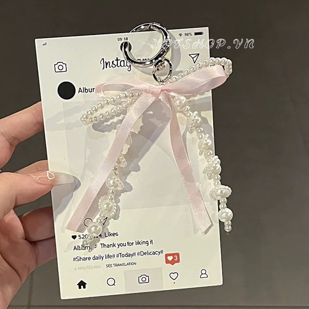 Korean Pink Pearl Bow Keychain Heart Pendant Keyring Y2K Aesthetic Key ...