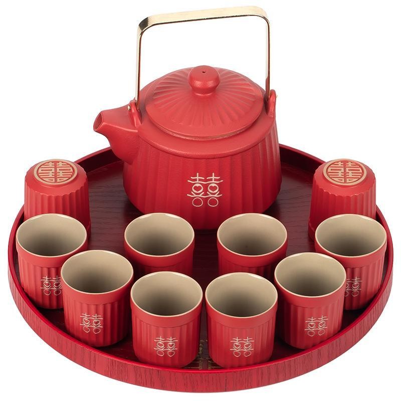 Ready stock 2025 Wedding red tea set home pot ten cups engagement gift ...