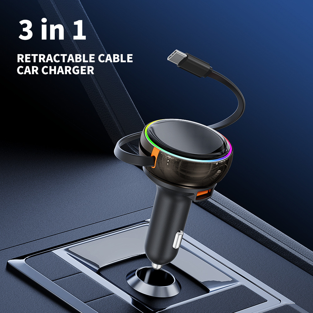 Three-in-one Retractable Cable Car Charger PD45W Super Fast Charge ...