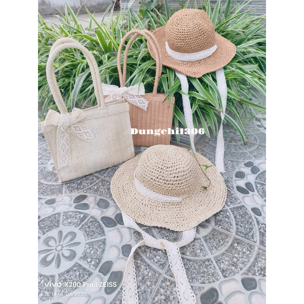 Set of square sedge bag with braided lace bow + cute sedge hat with ...