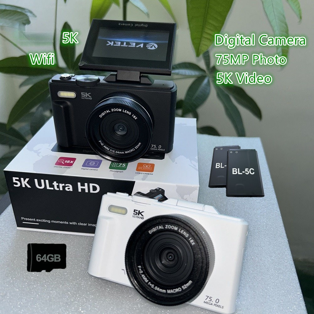 5K Digital Camera 75MP 180°Flip Screen 18X Auto Zoom Portable Selfile ...