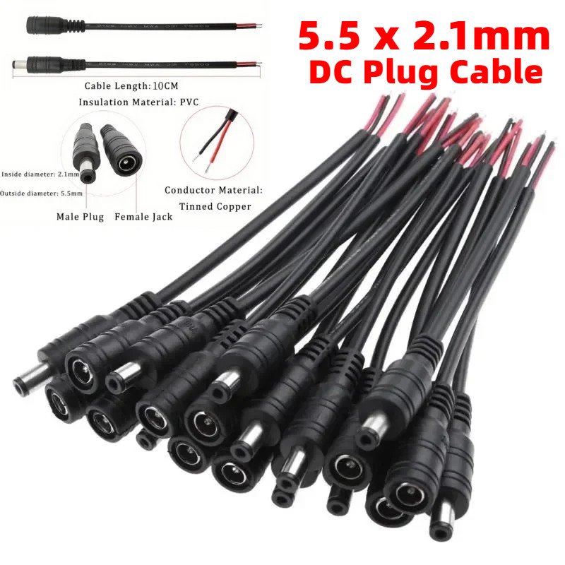 5.5 x 2.1mm DC Plug Cable Jack Led Connector 10CM Length Wire Pigtail ...