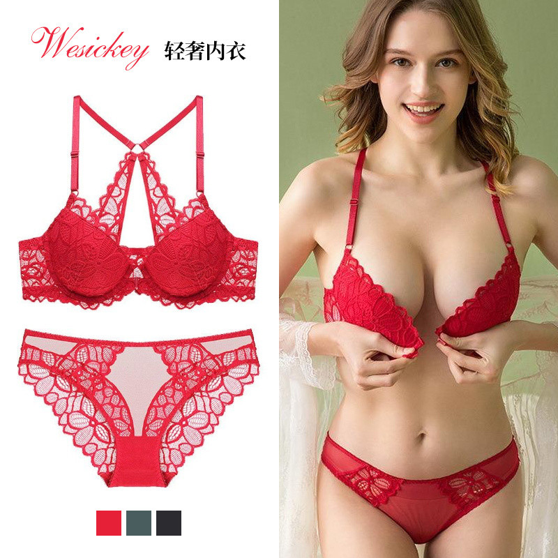 European American Sexy Big Red Bra Set Front Buckle Beautiful Back Small Breast Gathering Lace ...