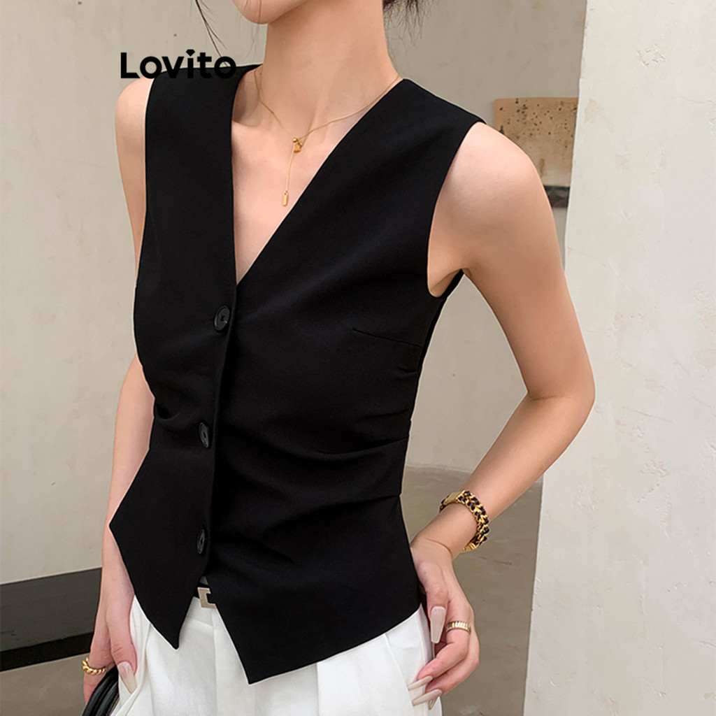 (Trendy) Lovito Casual Tank Top Plain Pleated Button front Tank Top for ...