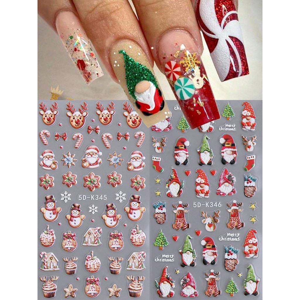 5D Embossed Christmas Nail Art Stickers Xmas Tree Snowflakes Santa ...