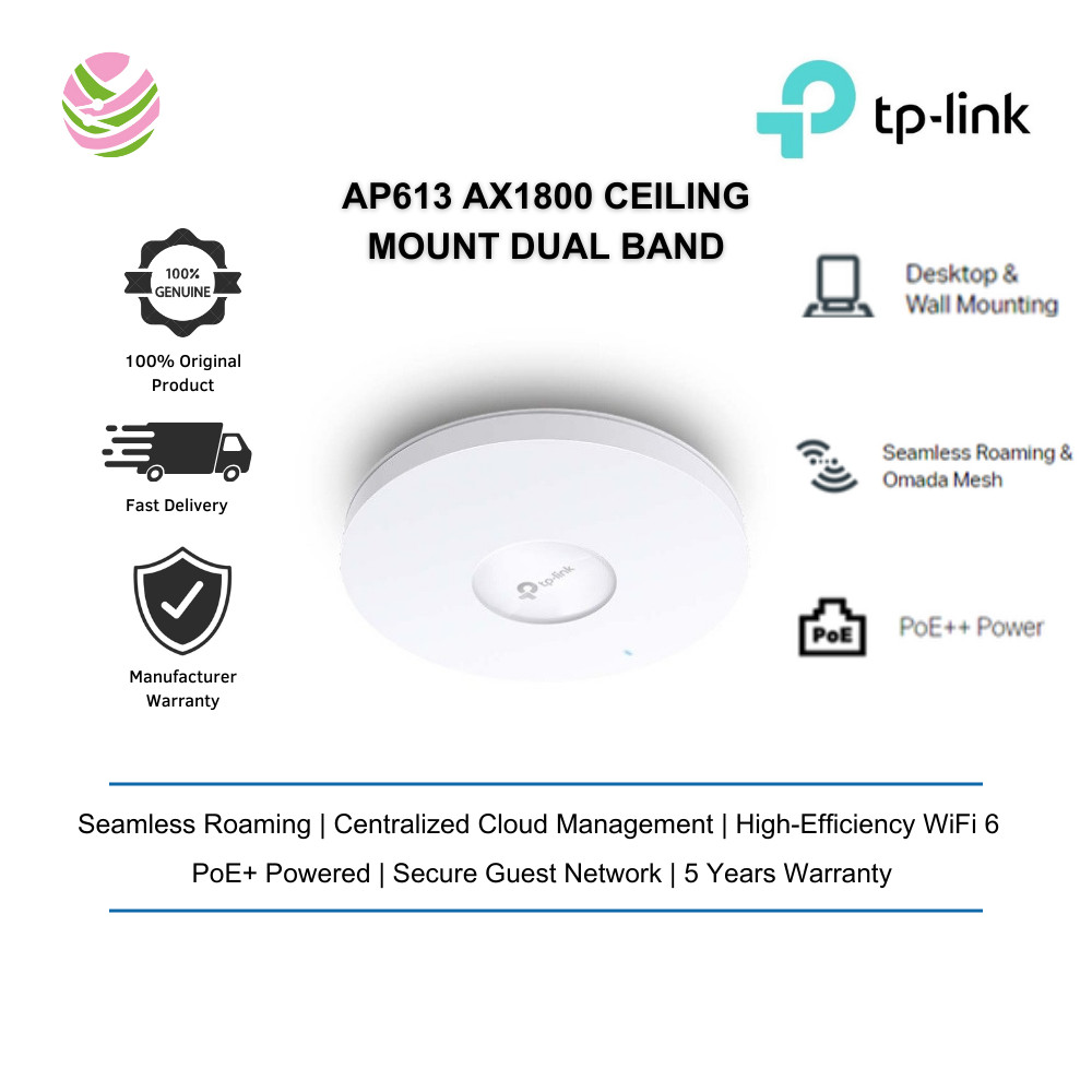 TP-Link EAP613 AX1800 Ceiling Mount Dual Band Wifi 6 Access Point Centralized Cloud Management ...