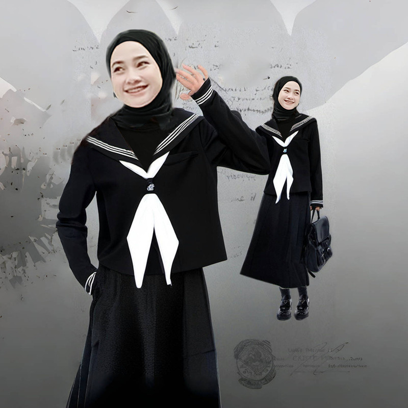 Muslimah JK Uniform Sets Scarf Sailor Collar Blouse + A-Line Long Skirt ...