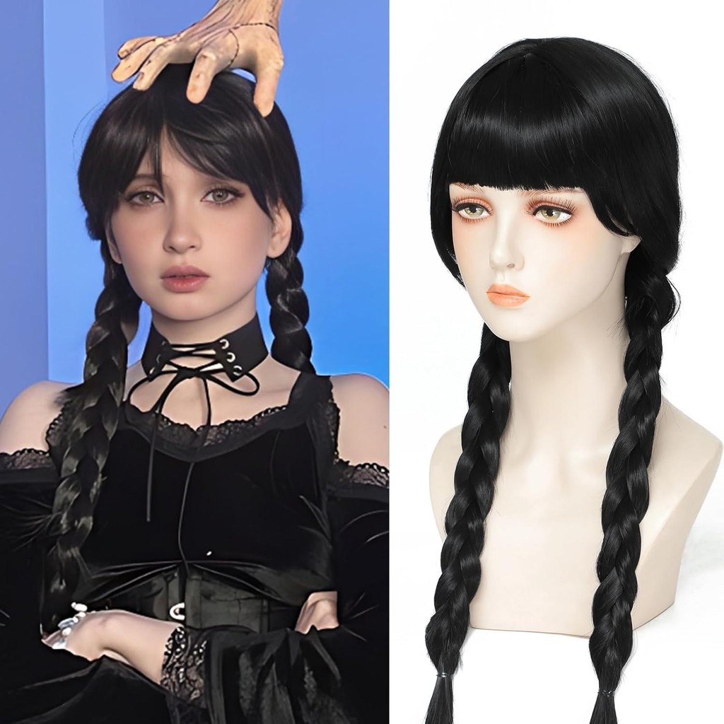 Wednesday Addams Wig Braided Black Wigs with Bangs for Halloween Party ...