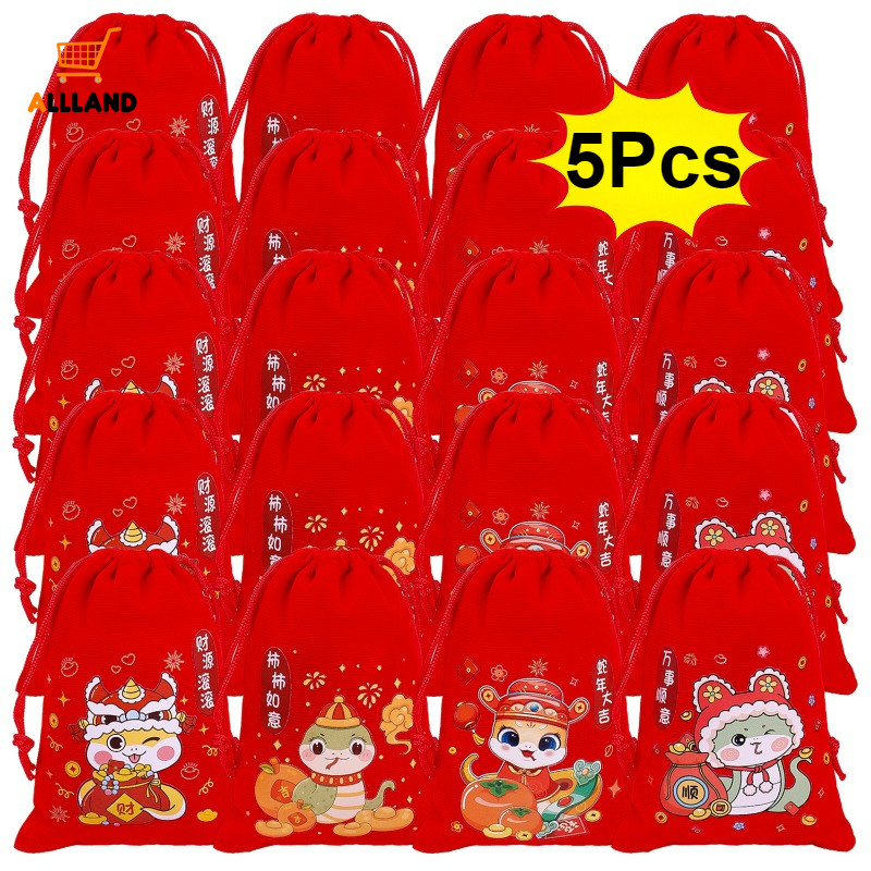 2025 Year of The Snake Velvet Bags - Red Drawstring Candy Gift Pouch ...