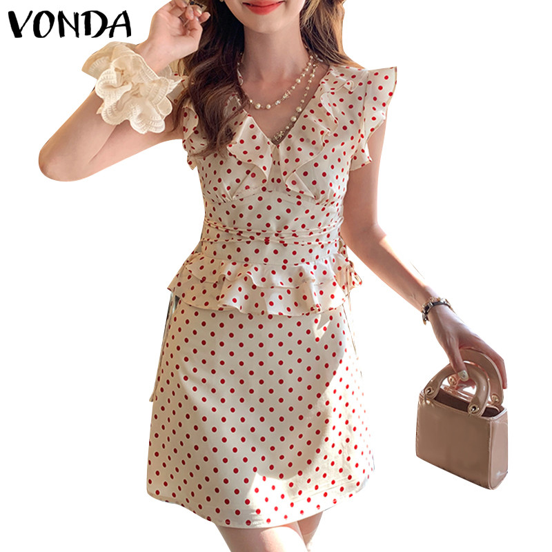 VONDA Women Korean Ladylike V Neck Ruffle Sleeves Mini A-Line Polka Dot ...