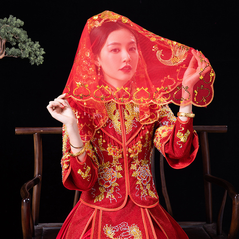 Bridal Red Gauze Wedding Chinese Style Xiuhe Veil High-End Lace ...