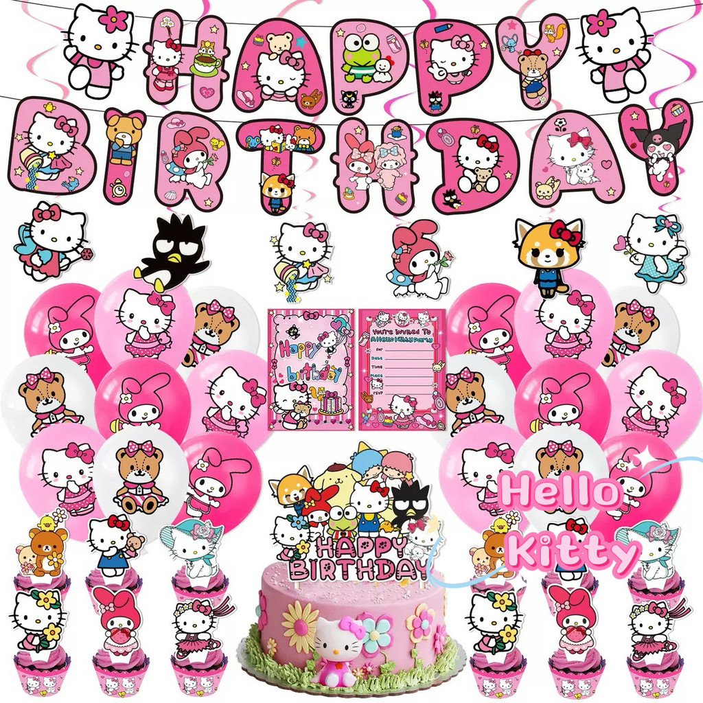 Kt Hello Kitty Paper Party Hello Kitty Children Birthday Pull Flag Cake Card Balloon Set ...