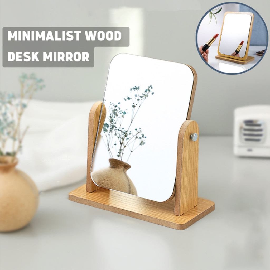 Wooden Desk Mirror 360° Swivel Minimalist Single-Sided Makeup Table ...