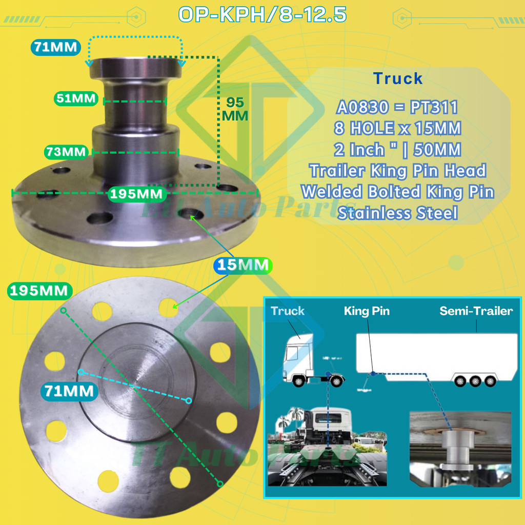 King Pin Head / Pin Raja (50mm/ 2") Welded Bolted King Pin 8 Hole x ...