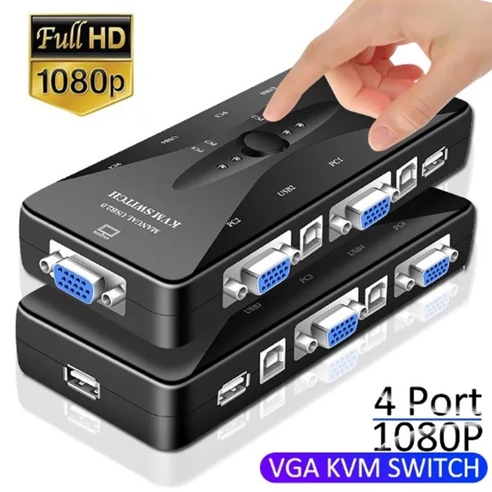4 Port VGA KVM Switch Selector Share Monitor USB Hub Support Keyboard Mouse Printer and Push ...
