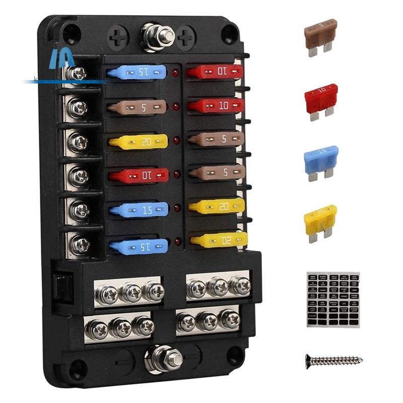 12V 12 Way Marine Fuse Block Fuse Panel with Ground & 12 Volt Fuse Box ...