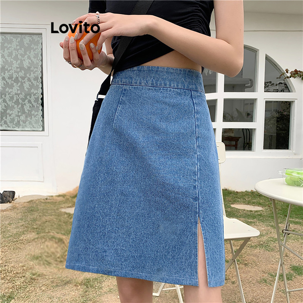 Lovito Casual Plain Split Front Denim Skirts for Women L100MD143 ...