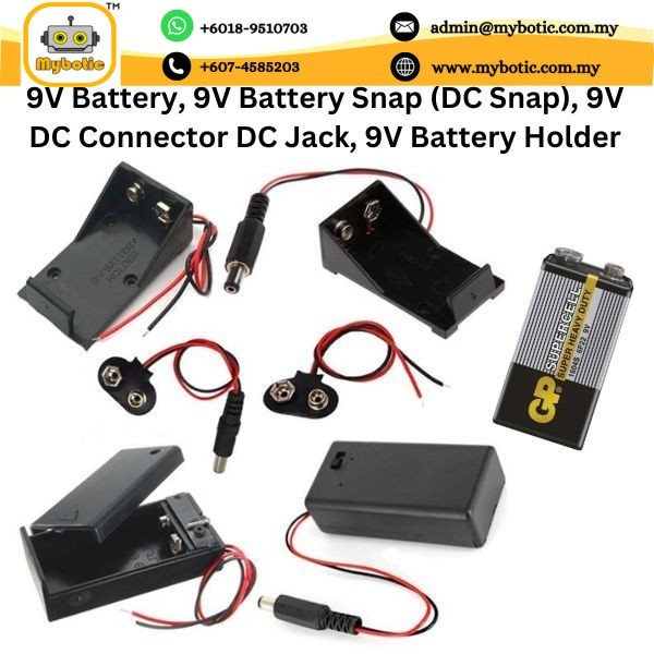 9V Battery, 9V Battery Snap (DC Snap), 9V DC Connector DC Jack, 9V ...