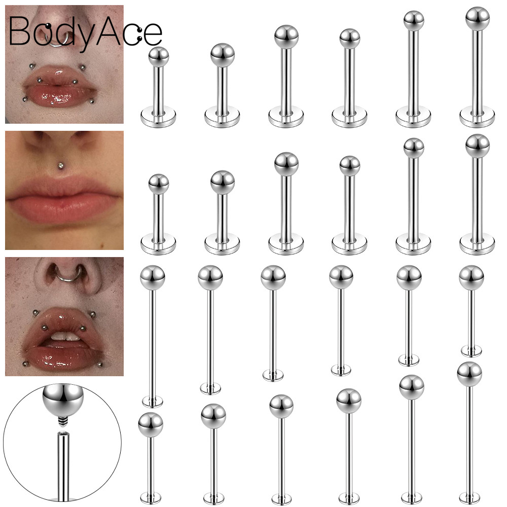 Bodyace 1 PC Long Size Lip Piercing Internal Threaded Lip Stud Silver ...