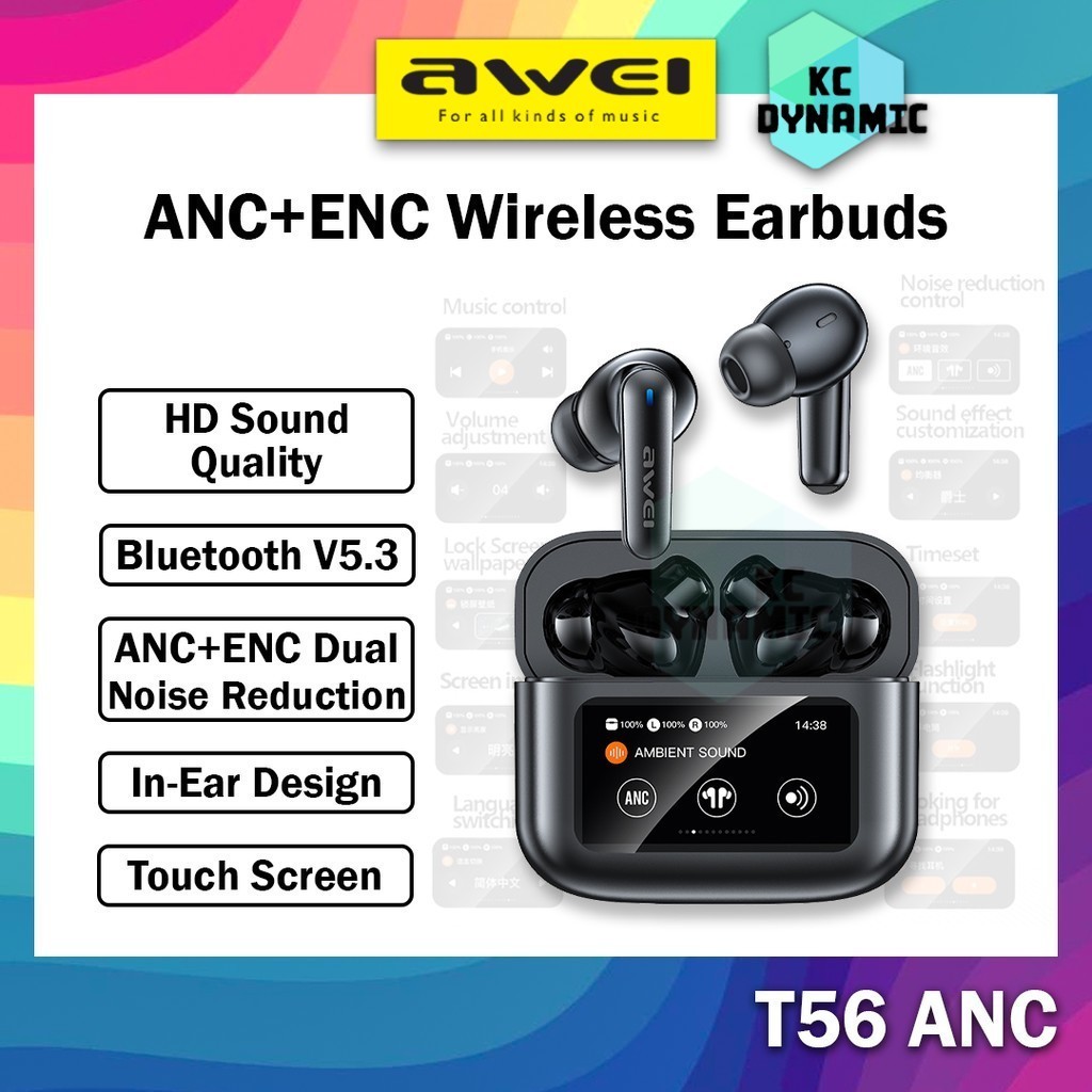 Awei T56 ANC + ENC Wireless Earbuds Touch Screen Earbuds Earphone Awei ...