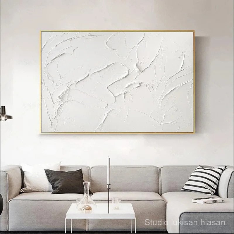 Minimalist White 3D Textured Abstract White Canvas Painting Poster Flat Wall Pictures Modern ...