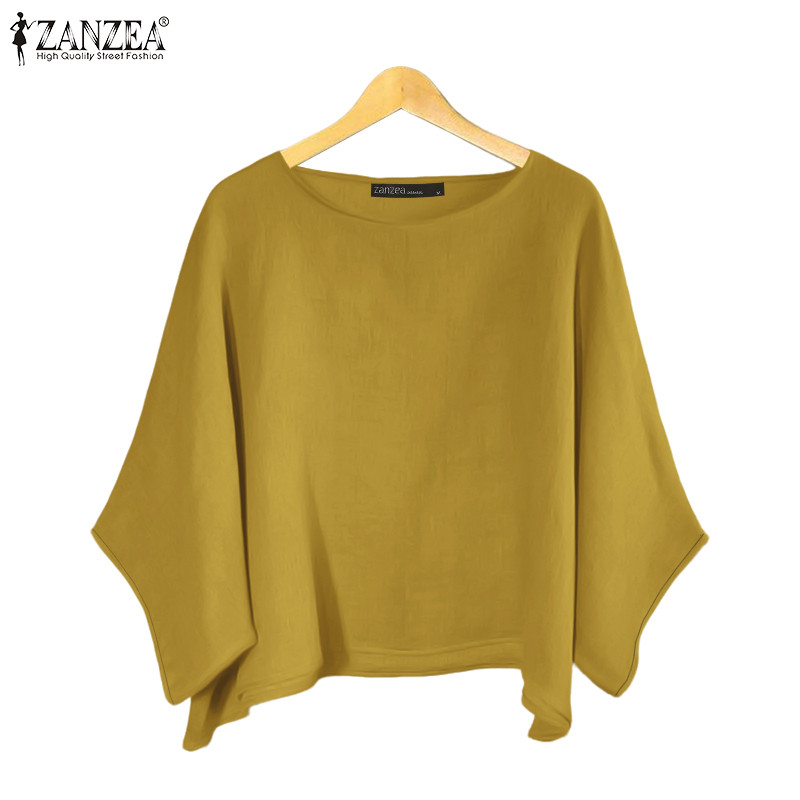 ZANZEA Women Korean Casual Loose Solid Color 3/4 Bat Sleeve O-Neck ...