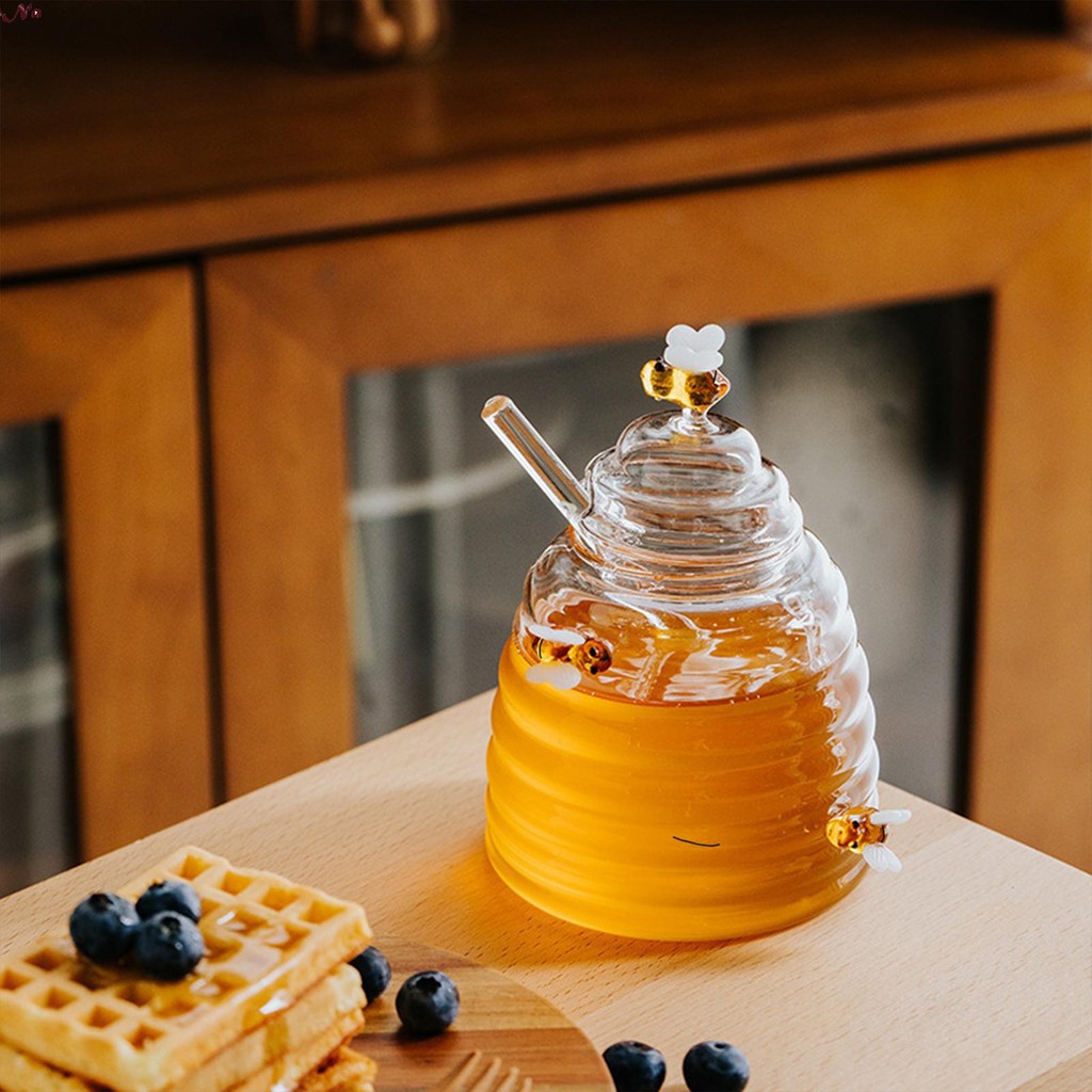 Glass Honey Jar with Lid and Honey Dipper Wide Mouth Honey Containers ...