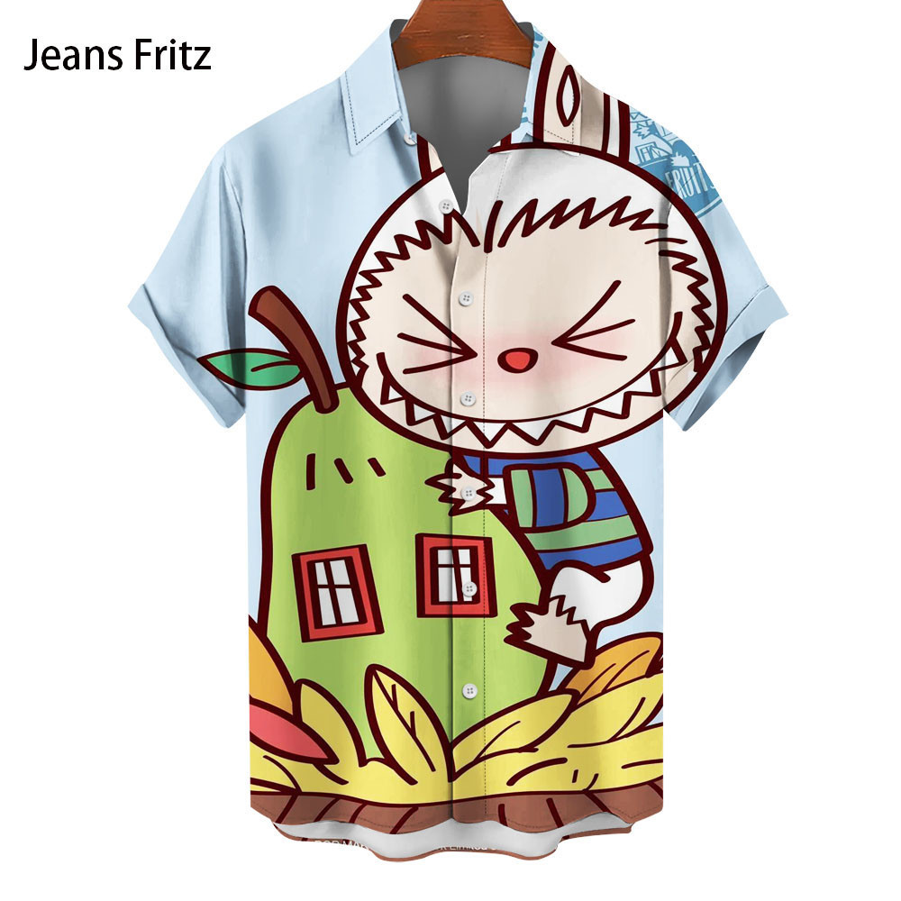 Fritz Labubu Men's Summer Jeans Anime Hawaiian Sleeves Casual Shirt ...