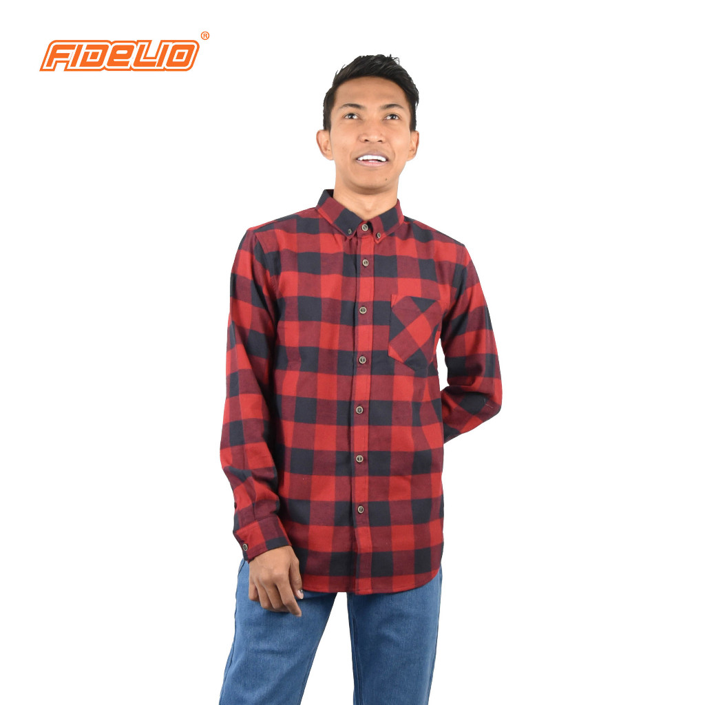 FIDELIO Plaid Flanel Long Sleeves Shirts | Red/Navy | Shopee Malaysia
