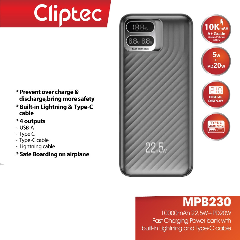 CLIPTEC MPB230 Fast Charging Power Bank With Built-In Lightning & Type ...