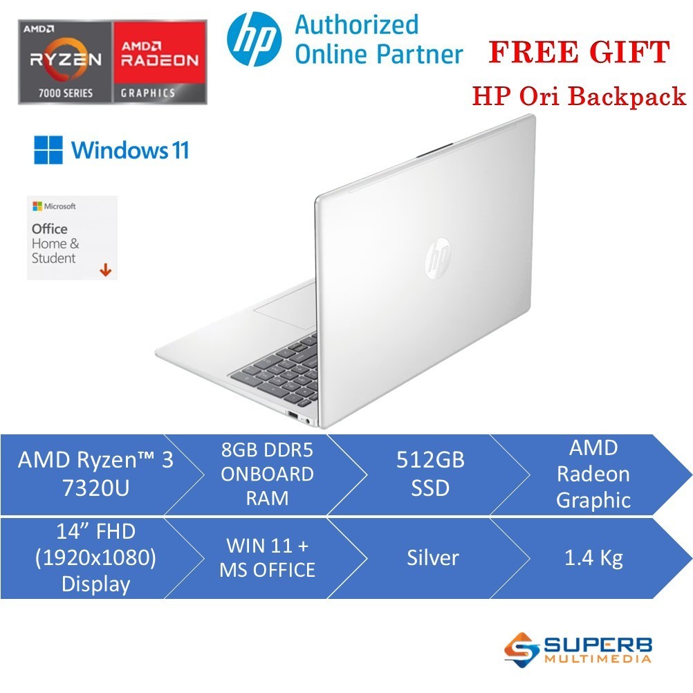 HP Laptop 14-EM0092AU Silver (AMD Ryzen™ 3 7320U, 8gb ddr5 onboard ram ...