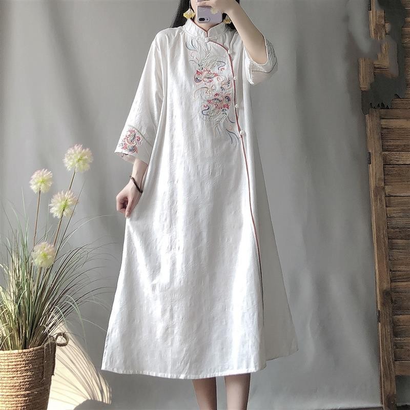 Neutral Collar Diagonal Collar Embroidered Cotton Linen Dress Women ...