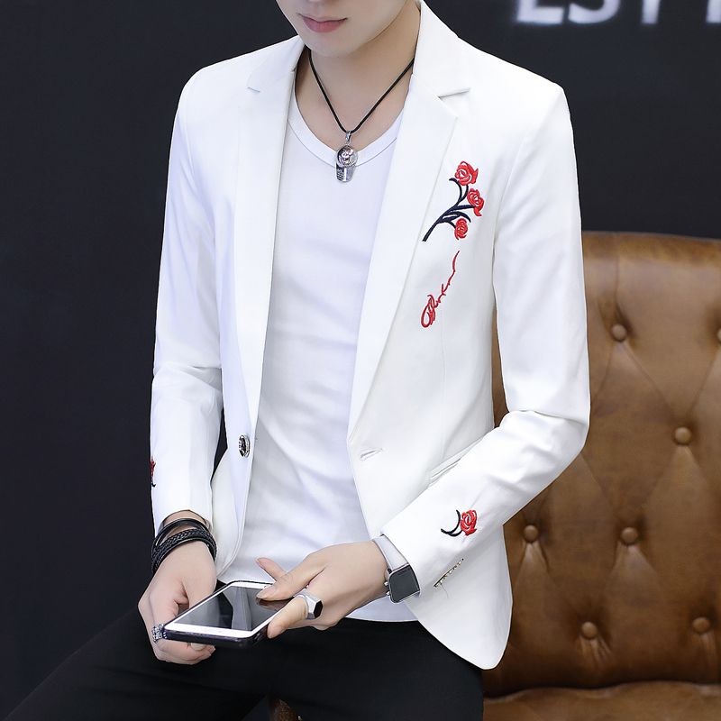 New Thin Male Blazer with Embroidery White Slim Fit Men's Suit Jackets ...